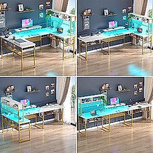 Unikito Modern Reversible L-Shaped Desk with Hutch, 60"W x 60"D x 72"H, 3 Desktops, RGB LED Strip Lights, Smart App Control, Monitor Stand, 4 Power Outlets, 2 USB Charging Ports, Grid Design
