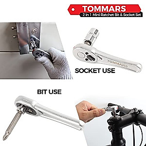 TOMMARS 58-Pc 1/4" Mini Ratchet Wrench Socket & Screwdriver Bits Set, Low Profile, 45 Teeth Gear, S2 and CR-V, 58PCS