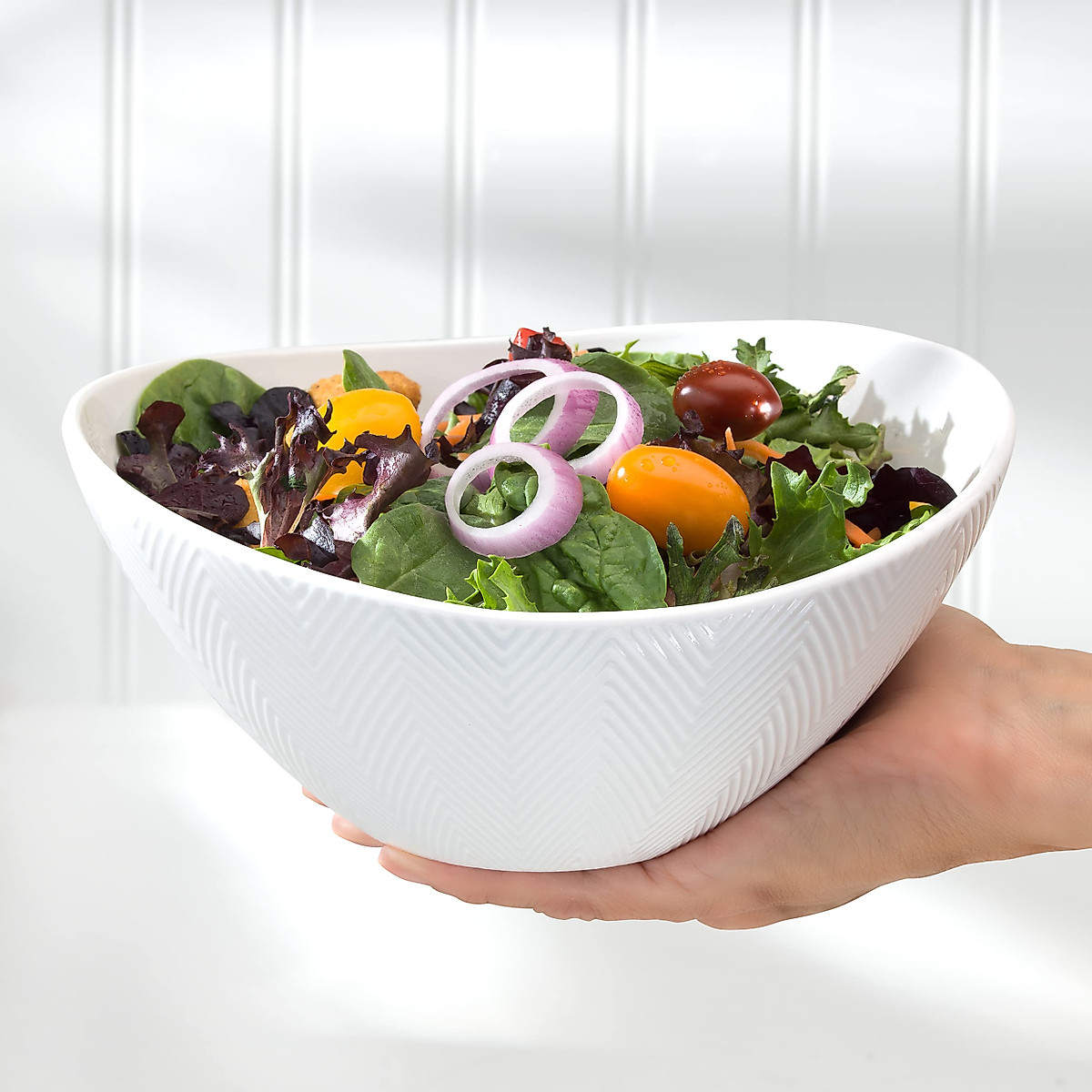 Euro Ceramica Highlands 3 Piece Porcelain Serving Bowls Set, Modern Chevron Texture, White - 40oz, 36oz, and 10oz, Chip Resistant - Nesting - Perfect for salads fruits dips