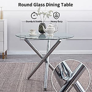 ROZHOME Dining Set for 4, Round Glass Dining Table with 3 Legs and 4 Metal Chair for Home Office Kitchen Dining Room 35.43" * 35.43" * 29.53"(L x W x H) (Glossy Silver+Light Slate Gray)