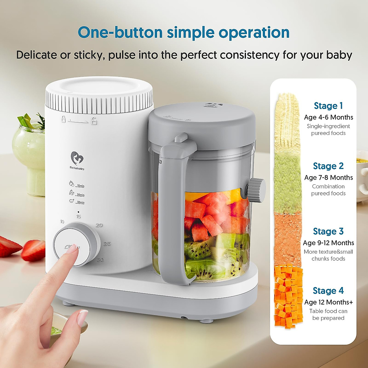 Baby Food Maker Bellababy Baby Food Processor, Puree Blender Steamer with Reversible Steam Basket, One Button Easy Operation & Large Opening for Easy Cleaning