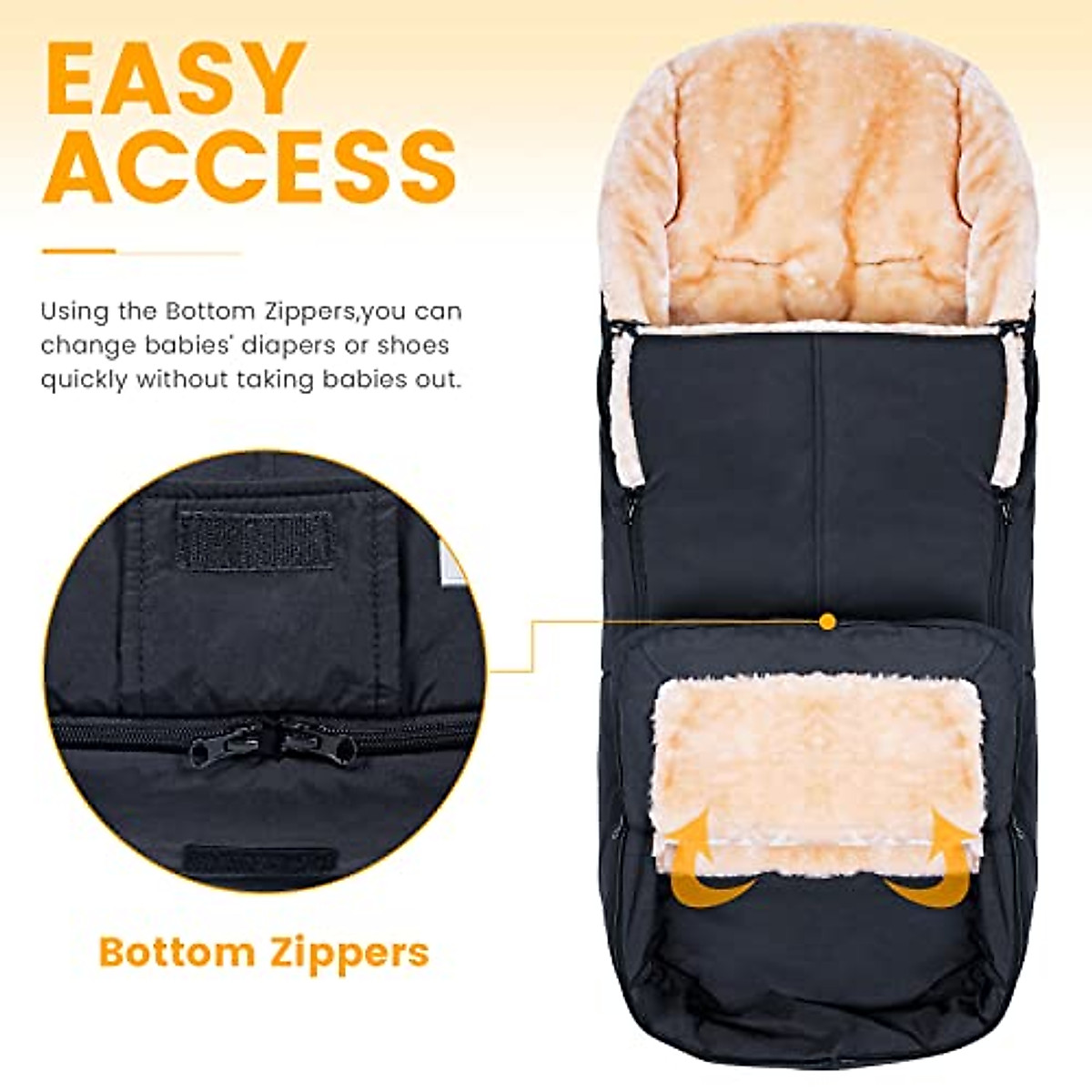 Orzbow Wool Warm Bunting Bag Universal,Suitable below 5 ℃,For Alaska,Stroller Sleeping Bag Cold Weather,Waterproof Toddler Footmuff (Black)