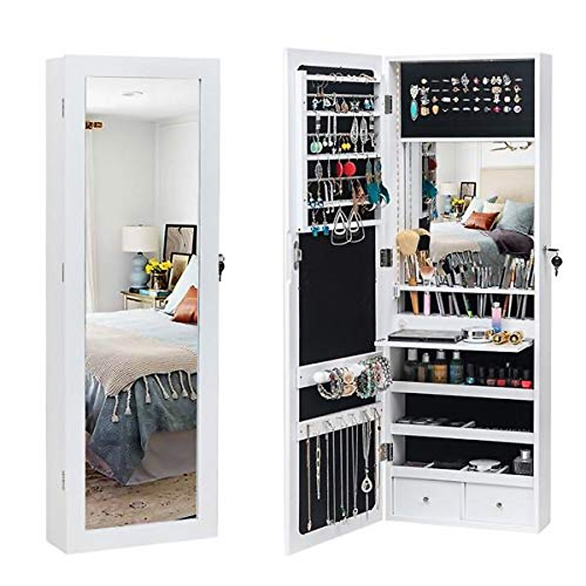 NALLBEIRRAA Jewelry Armoire Cabinet Full Length Hanging Mirror, Makeup Storage Organizer, Wall Mounted, w/Interior Mirror, LED Lights, Lock, Brush Holders, 4 Shelves (White3) …