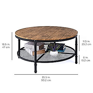 Best Choice Products 2-Tier 35.5in Round Industrial Coffee Table, Rustic Steel Accent Table for Living Room, w/Wooden Tabletop, Reinforced Crossbars, Padded Feet, Open Shelf, Raised Bottom - Brown