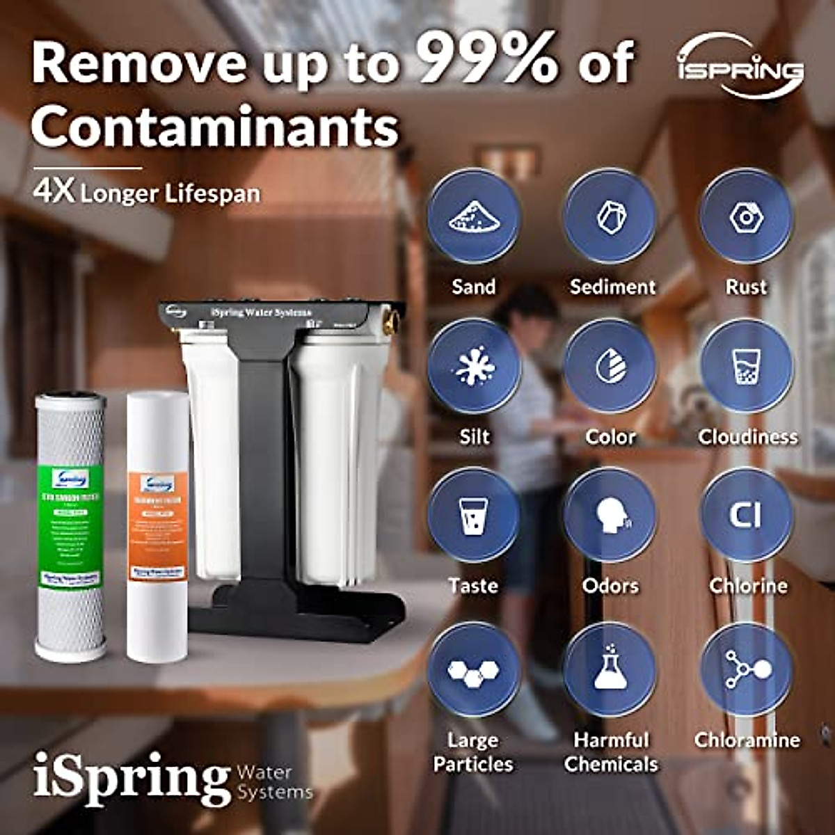 iSpring CW21 2-Stage Water Filtration System for RVs, Leak-Free Brass Fittings, Reduces Odor, Color, Chlorine, Sediment for RVs, Tankless, High Capacity, BPA Free