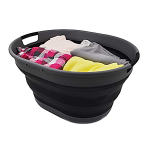 SAMMART 25L(6.6 gallon) Collapsible Oval Laundry Basket-Foldable Storage Container/Organizer-Portable Washing Tub-Space Saving Hamper-Pet Bath Tub,Water capacity 20L(5.28 gallon) (Grey/Black)