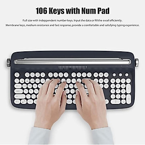 TISHLED Typewriter Keyboard Wireless Bluetooth 5.0 Retro Aesthetic Cute Kawaii Round Keycaps 106-Key Num Pad Clicky Mechanical Feeling with Pad/Phone Holder for Windows/Mac OS/Android/iOS (Midnight)