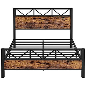 LIKIMIO Queen Bed Frame, Tall Industrial Headboard 51.2", Platform Bed Frame Queen with Strong Metal Support, Solid and Stable, Noise Free, No Box Spring Needed, Easy Assembly