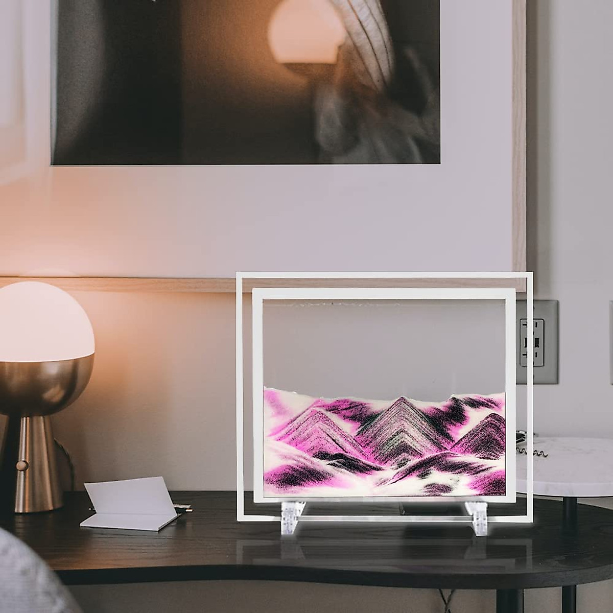 Muyan Moving Sand Art Picture Sandscapes in Motion Dynamic Sand Picture Glass 3D Deep Sea Display with Stand Decor Desktop Home Office Creative Gift (Pink, 7x9 in)