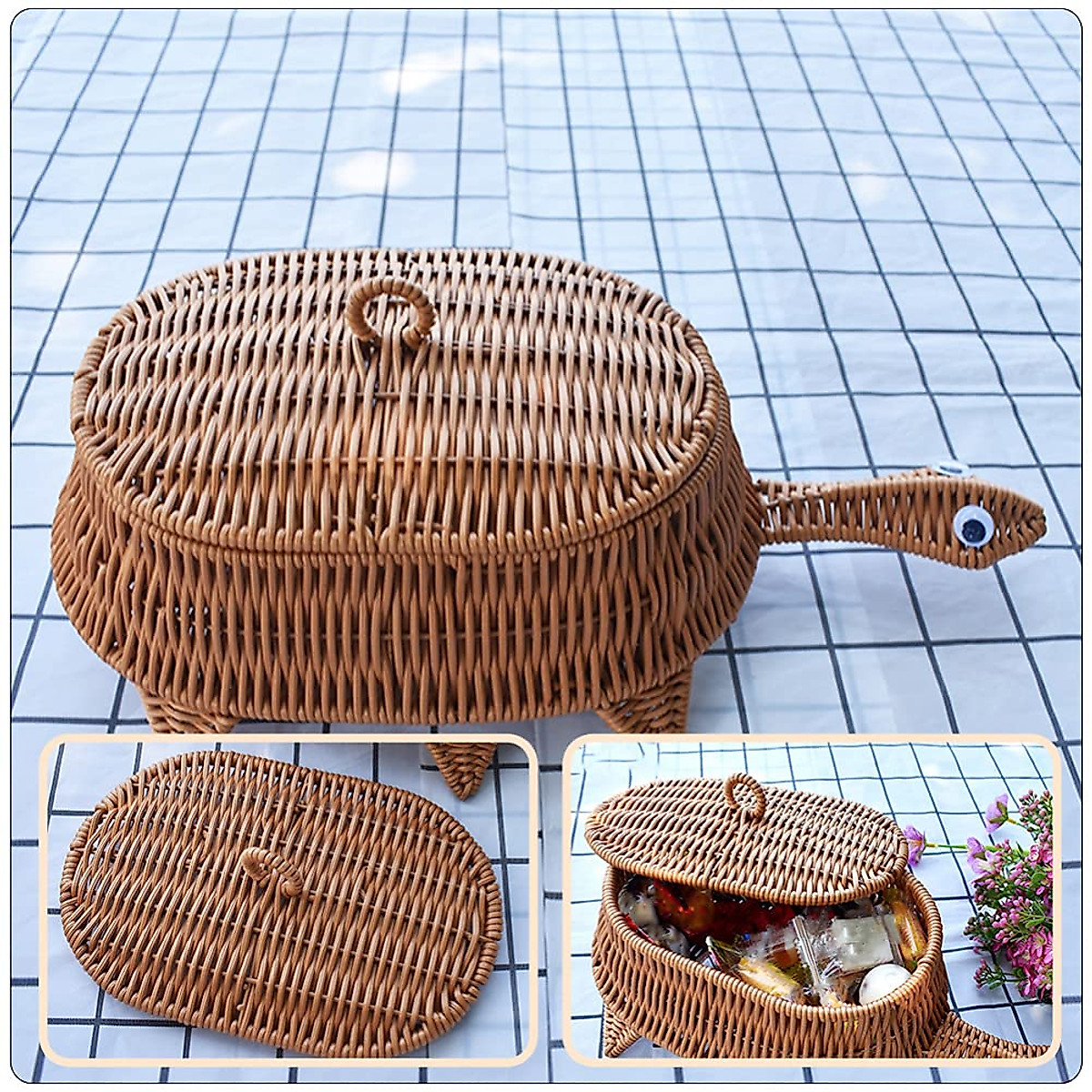 Cabilock Woven Rattan Basket with Lid Decorative Turtle Shaped Basket Fruit Nut Snack Storage Container for Kitchen Coffee Table