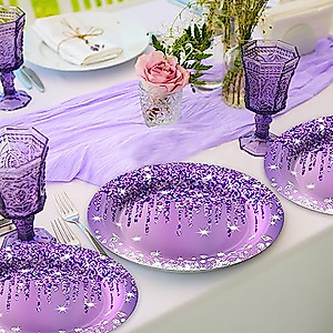 48 PCS Purple Silver Plates for Glitter Diamonds Happy Birthday Decorations Purple and Silver Birthday Theme Dessert Plates for Girls Women Purple Dinner Plate Glitter Diamonds Birthday Party Supplies