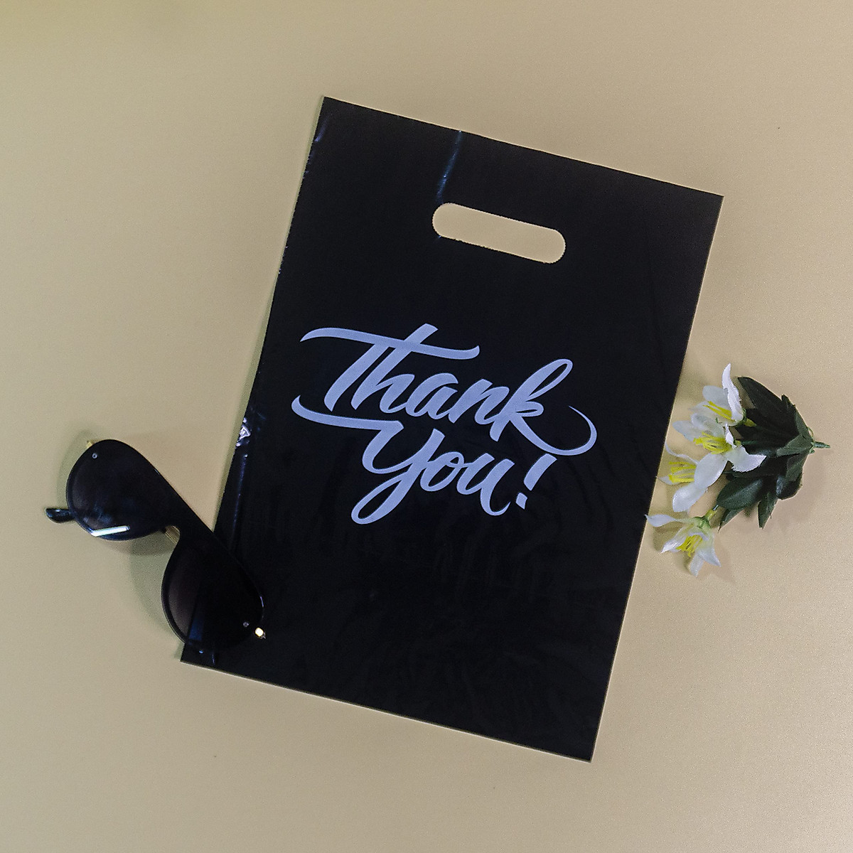 Infinite Pack Black 12"x15"(100pcs) Thank You Merchandise Bags, Die Cut Handles, Retail Shopping Bags for Boutique, Goodie Bags, Gift Bags Bulk, Favors, 1.75 Mil Reusable Plastic Bags