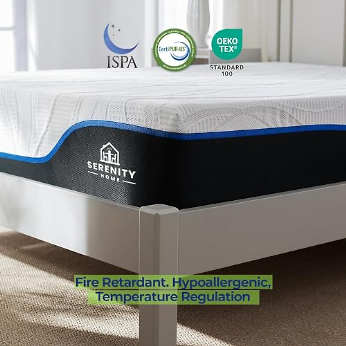 SERENITY HOME 10" King Memory Foam Mattress, Breathable Bed Mattress, Cooling-Gel Memory Foam Mattress in a Box, Support & Pressure Relief Mattress, Fiberglass Free, Made in USA | King,White/Blue