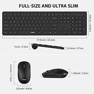 Wireless Keyboard and Mouse, Silent Responsive Keys, Full Size and Battery Powered - Slim Design and Quiet Typing, USB Cordless Combo for Mac, Computer, PC, Laptop - by Wisfox, Black