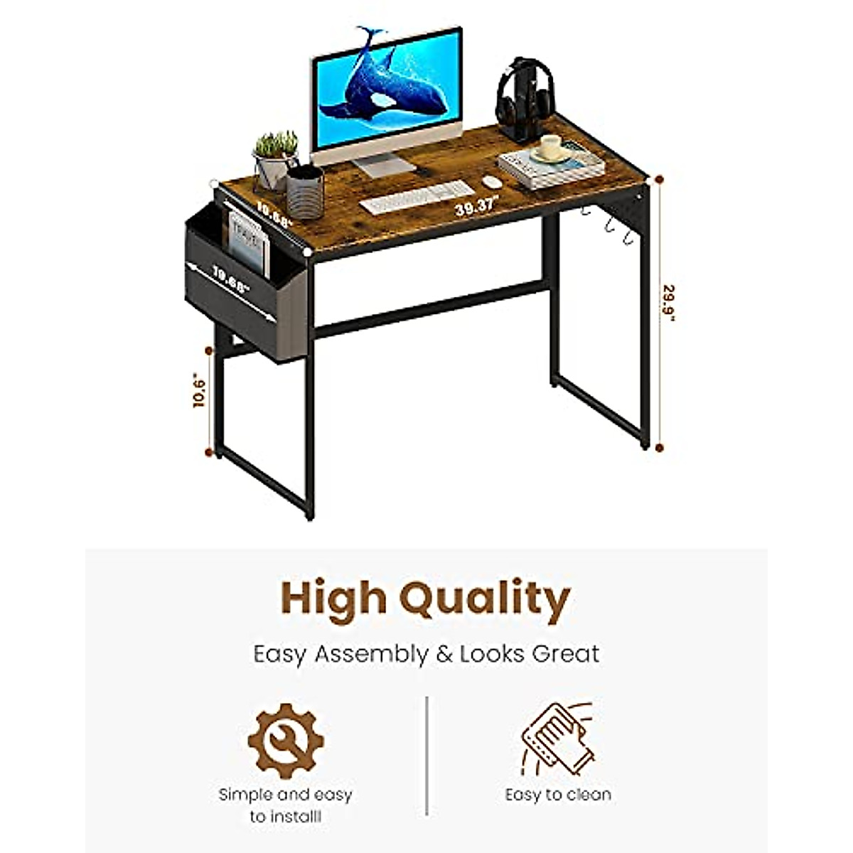AWQM Computer Desk 39 Inch, Home Office Work Desk Laptop Desk with Side Bag, Study Writing Table Desktop Table with Iron Hook, Workstation for Small Spaces, Antique Brown