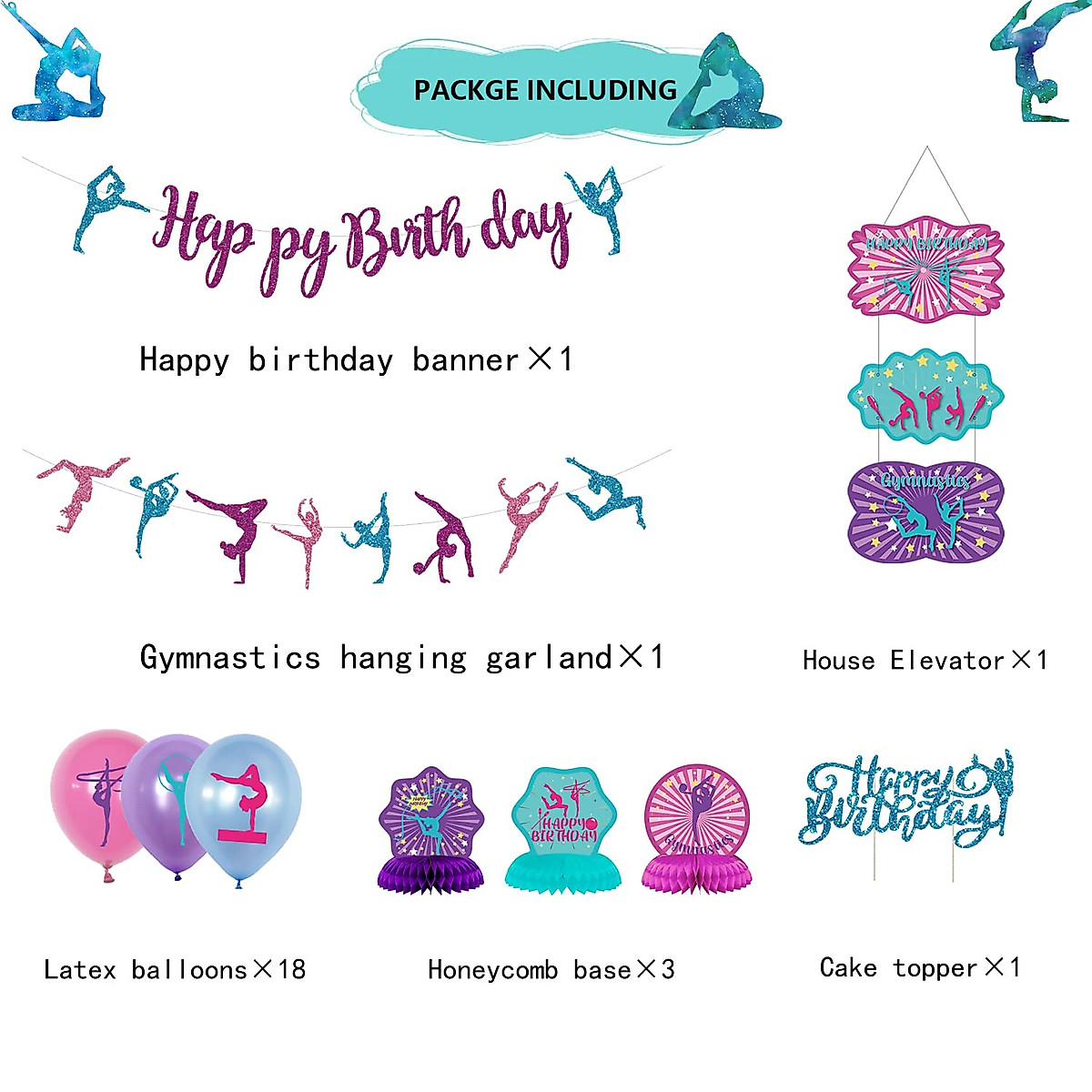 Gymnastics Party Decorations, Gymnastic Birthday Party Supplies with Birthday Banner, Honeycomb Centerpieces, Gymnastics Party Latex Balloons for Girls Gymnastics Theme Dance Party (A)