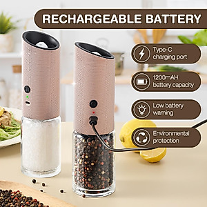 VUCCHINI Electric Gold Salt and Pepper Grinder Set - Adjustable Coarseness Automatic Pepper Mill Grinder - One Hand Automatic Operation Rechargeable Stainless Steel Salt Grinder Pink