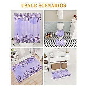 4 Pcs Shower Curtain Set with 12 Hooks Flower Spring Painting Style Lavender Purple Bathroom Sets with Non-Slip Bath Mat Toilet Lid Cover Waterproof Durable Shower Curtain and Rugs