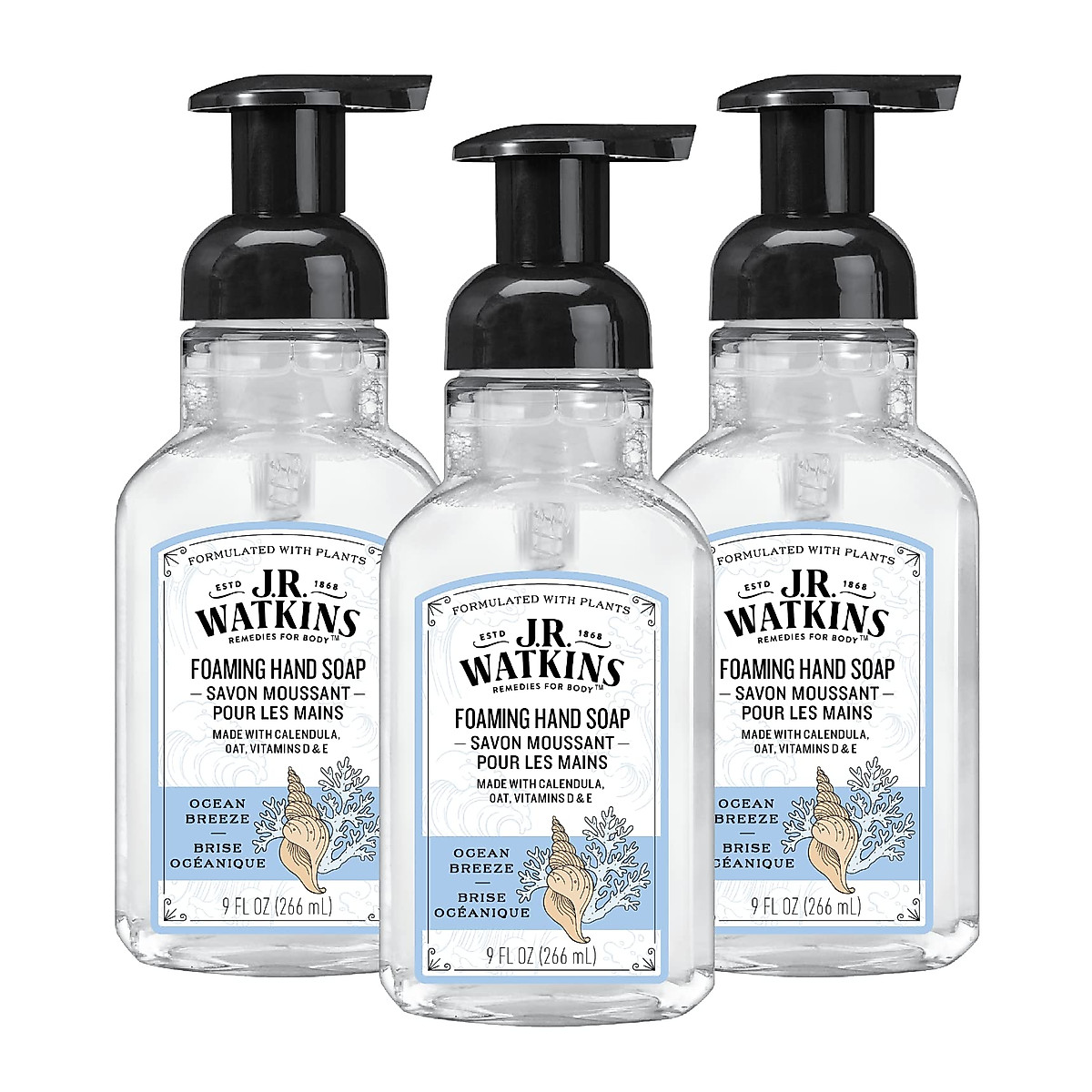 J.R. Watkins Foaming Hand Soap with Pump Dispenser, Moisturizing Foam Hand Wash, All Natural, Alcohol-Free, Cruelty-Free, USA Made, Ocean Breeze, 9 fl oz, 3 Pack