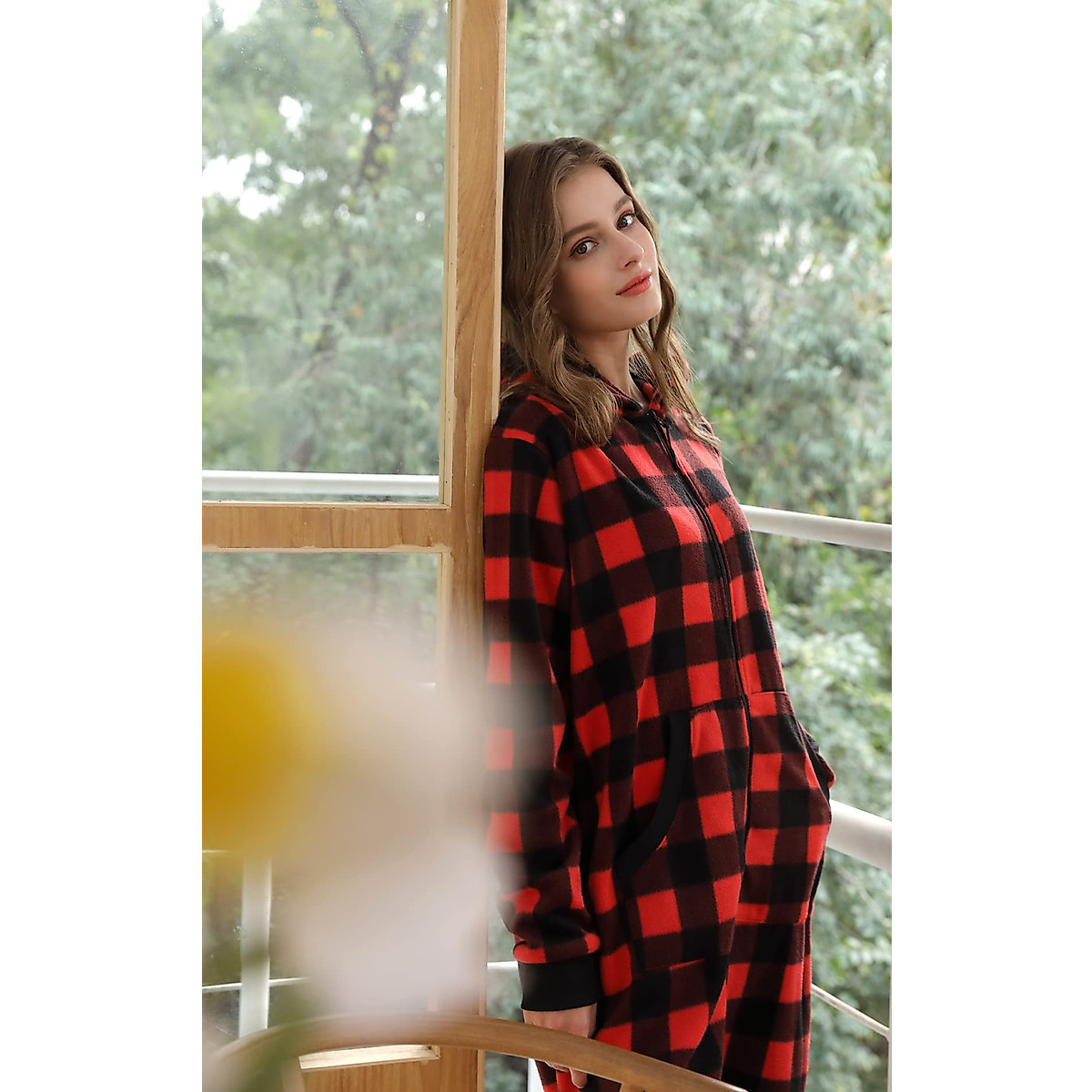 dressfan Unisex Buffalo Plaid Pajamas Hooded Onesie Thermal Jumpsuit Christmas PJS Set for Family Couples Women Men Zipper Red Black M