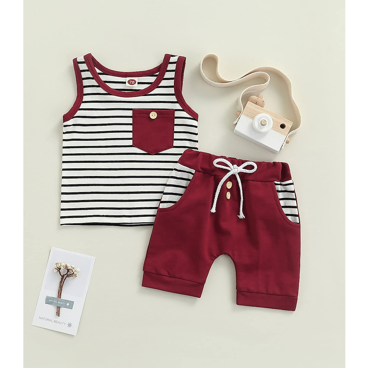 Toddler Baby Boy Summer Outfits Shorts Solid Short Sleeve T-Shirt Tops Casual Clothes Set (Brick Red, 18-24 Months)