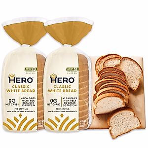Hero Classic White Bread — Delicious Bread with 0g Net Carb, 0g Sugar, 45 Calories, 11g Fiber per Slice | Tastes Like Regular Bread | Low Carb & Keto Friendly Bread Loaf —15 Slices/Loaf, 2 Loaves