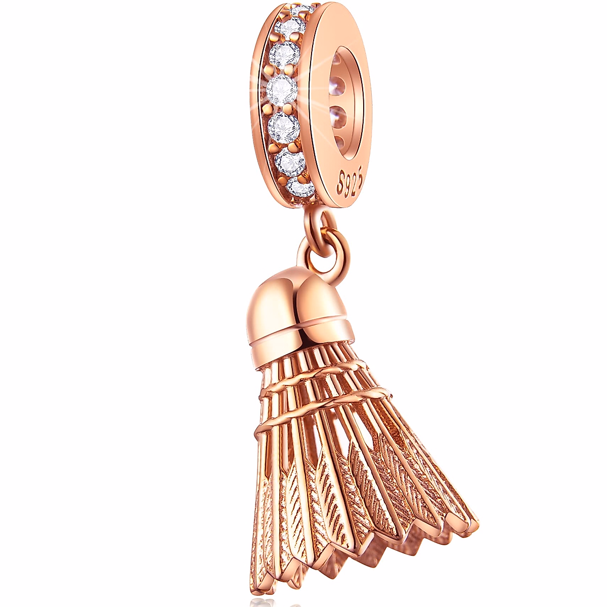 Rose Gold Shuttlecock Dangle Charms, 925 Sterling Silver Badminton Pendant with Clear CZ, fit Pandora DIY Sports Bracelet Bangle, Gifts for Sports Lover/Graduation/Friends