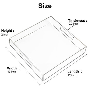 Boxalls Acrylic Serving Tray 12x12 Inch, Clear Rectangular Tray with Handle, Decorative Ottoman Tray Organizer for Appetizer, Breakfast, Coffee Table, Countertop, Bathroom