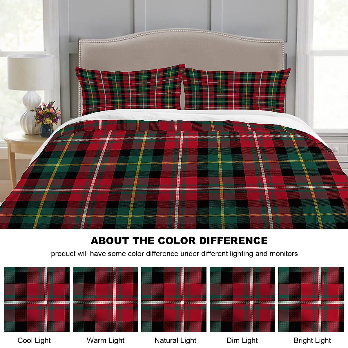 Batmerry Christmas Plaid Tartan Queen Size 3 Pieces Bedding Comforter Cover Sets,Soft Fluffy Red Abstract Black Fashion Geometric Pattern Printed Duvet Cover for All Season