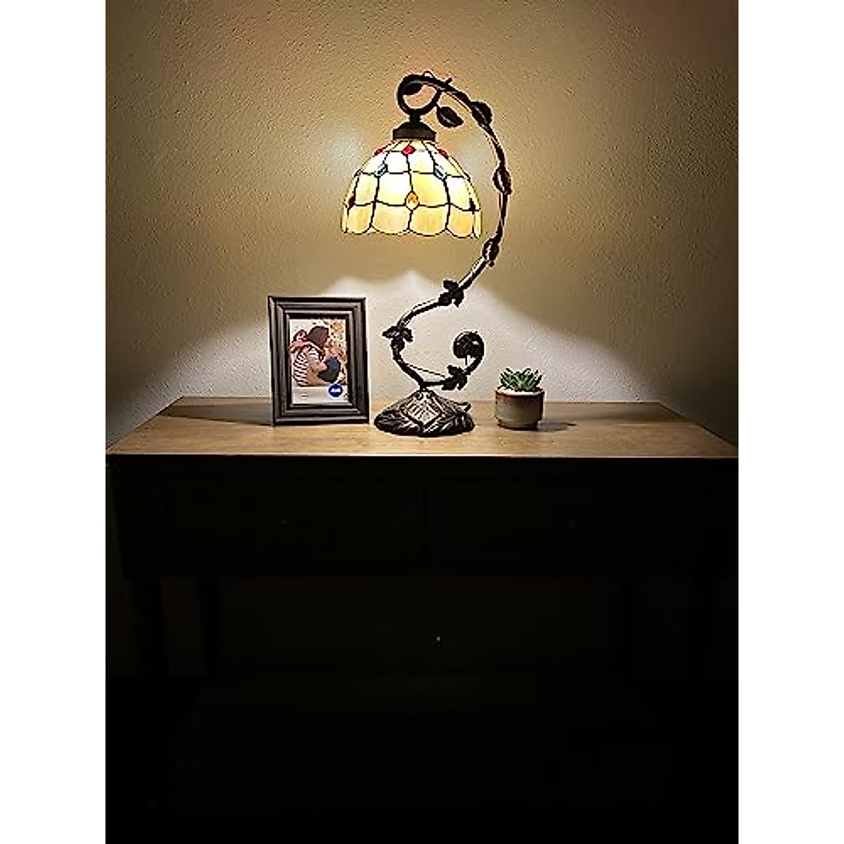 Enjoy Tiffany Style Table Lamp Gold Stained Glass Crystal Beans Iron Metal Leaves Bronze BaseIncluded LED Bulb Vintage for Living Room Dining Room Bedroom Bedside Office Hotel H21*W11 in