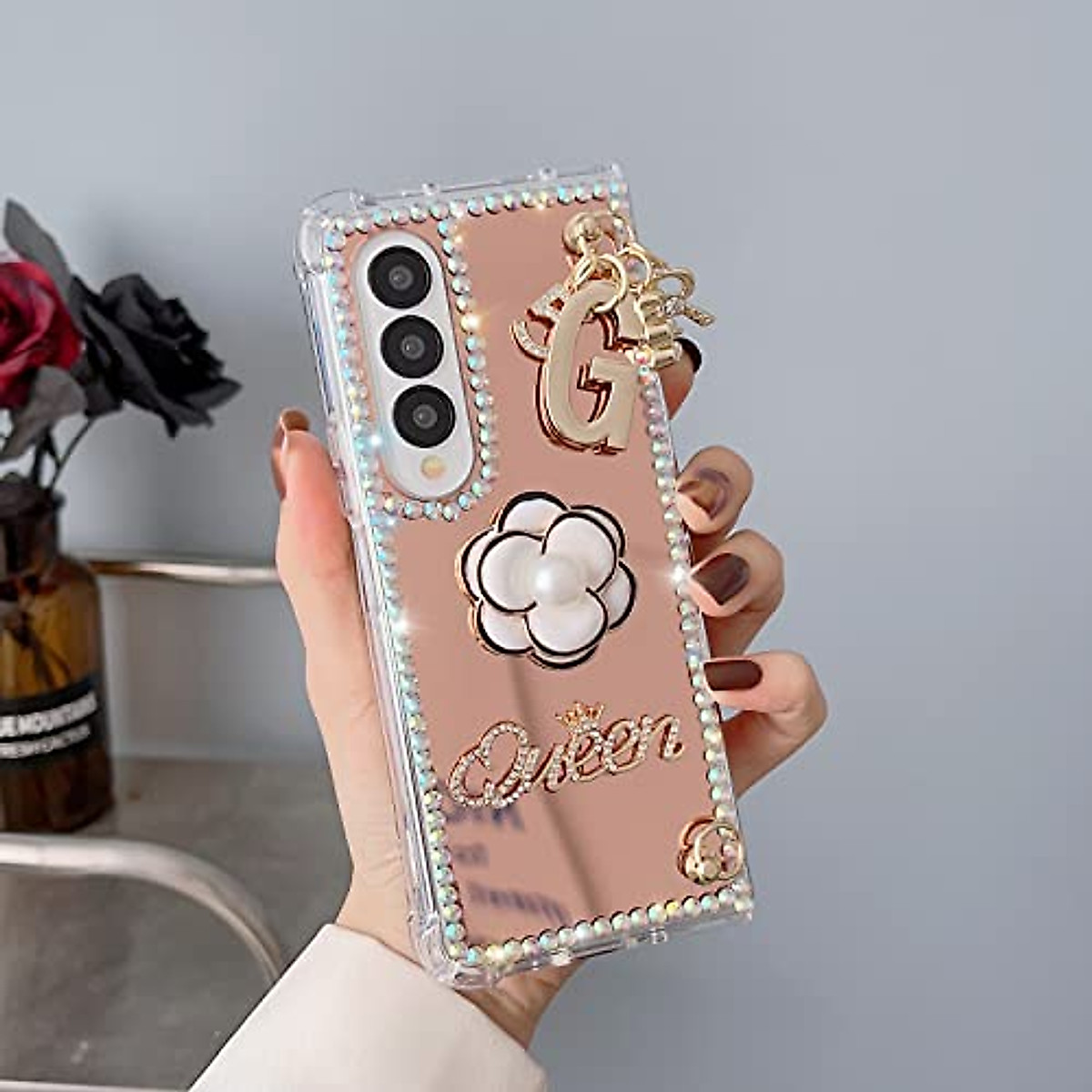 Omio for Samsung Galaxy Z Fold 3 5G Mirror Case with Crossbody Lanyard Luxury 3D Sparkle Crystal Diamond Bling Glitter Cute Slim Makeup Hard PC Phone Case for Galaxy Z Fold 3 Women Girls, Gold