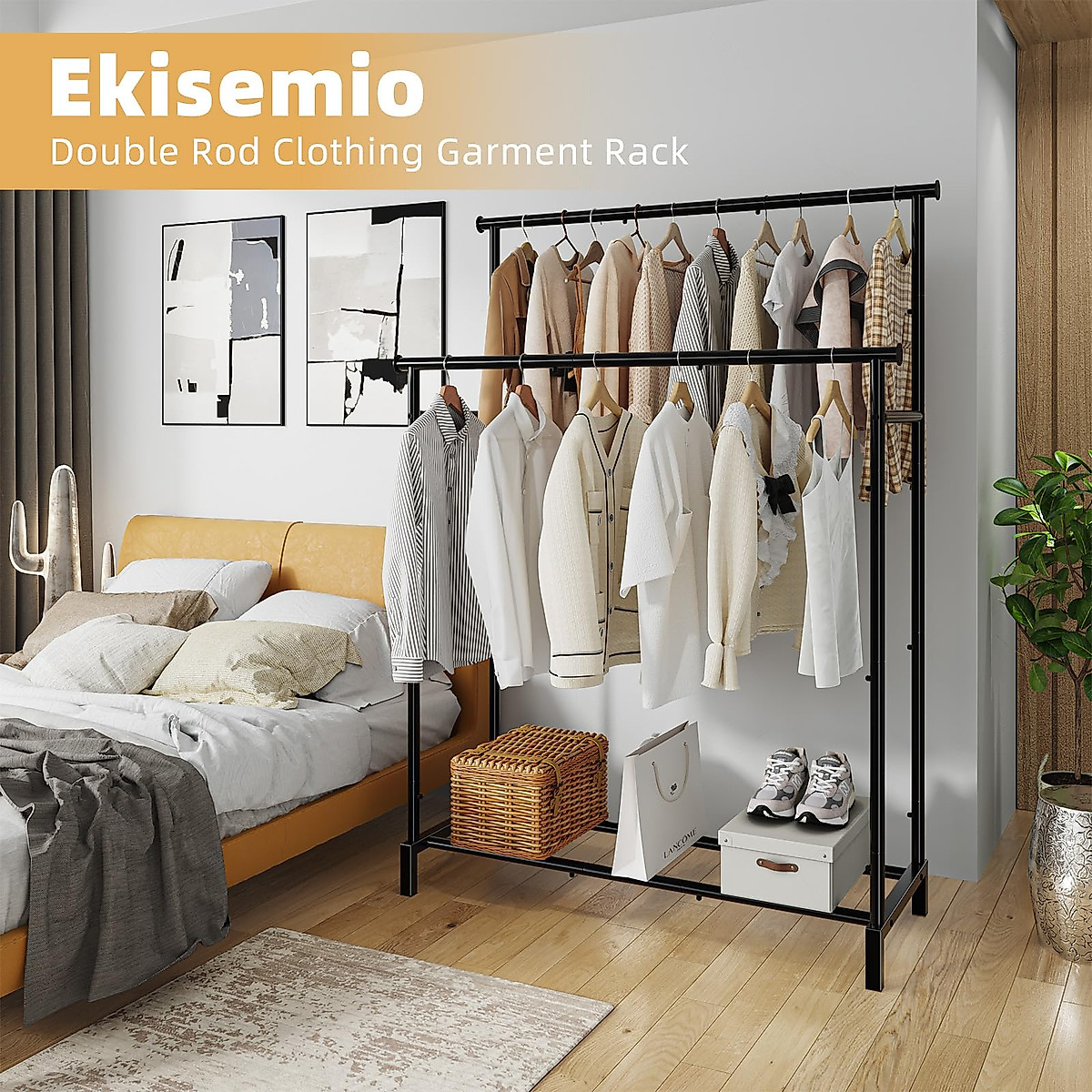 Ekisemio Double Rod Garment Rack for Hanging Clothes, Clothing Rack with Storage Shelves, Metal Multi-Functional Clothes Rack for Bedroom, Living Room, Black