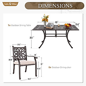 Sophia & William 7 Pieces Cast Aluminium Patio Dining Furniture Set for 6, Powder-Coating Outdoor Dining Chairs and Rectangular Table with 2.3" Umbrella Hole for Porch Backyard Deck, Bronze