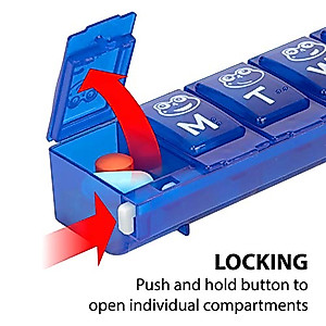 EZY DOSE Kids Weekly (7-Day) Pill Planner, Medicine Case, Vitamin Organizer Box, Large Locking Compartments to Secure Prescription Medication and Prevent Accidental Spilling, Color May Vary