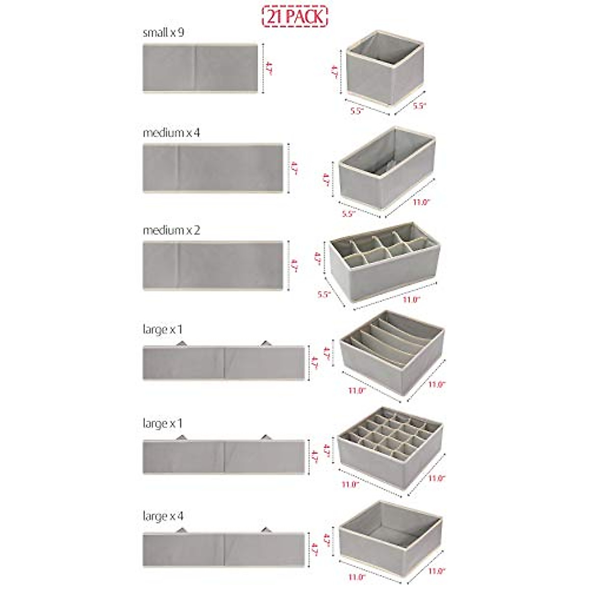 DIOMMELL Set of 21 Foldable Cloth Storage Box Closet Dresser Drawer Organizer Fabric Baskets Bins Containers Divider for Baby Clothes Underwear Bras Socks Lingerie Clothing,Grey 11-4249