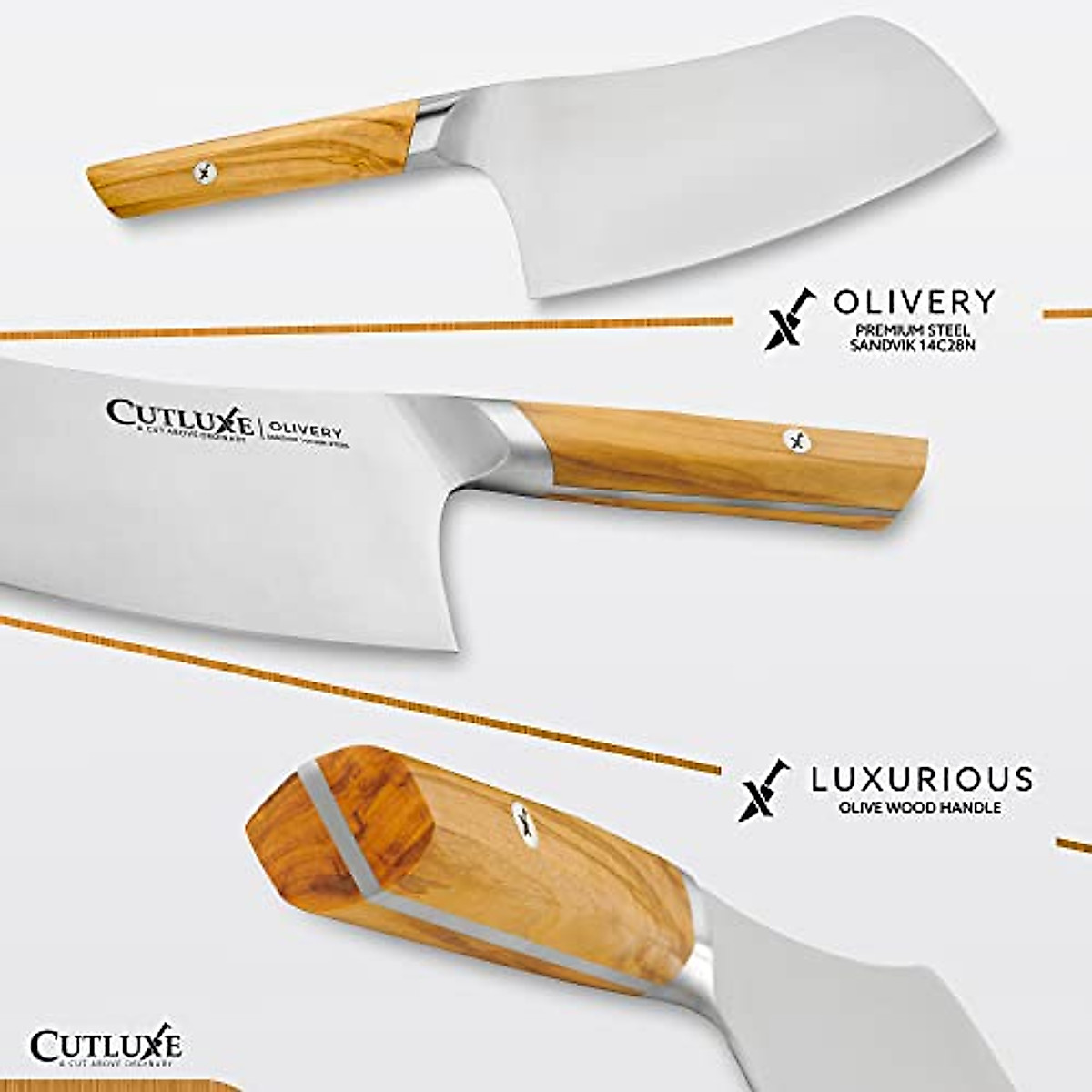 CUTLUXE Cleaver Knife - 7" Vegetable and Meat Butcher Knife - Olive Wood Handle – Full Tang – Olivery Series