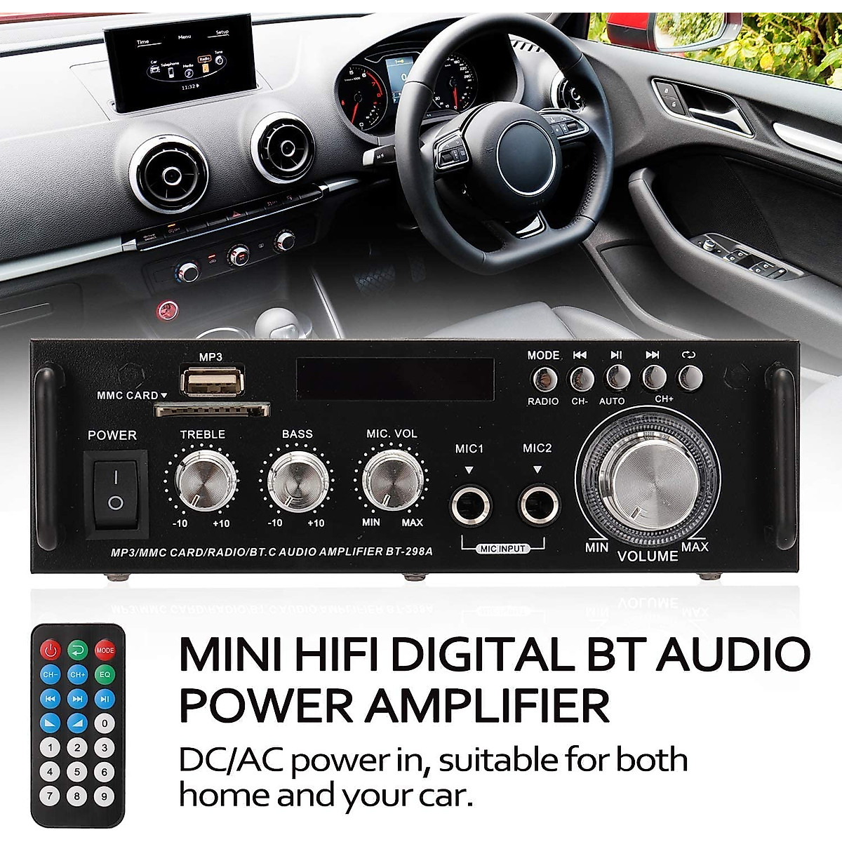 Etlephe 298A Mini Bluetooth 5.0 Stereo Amplifier,Amplifier home Audio,Audio Receiver,300W+300W 2 Channel Power Sound Receiver/USB,SD Card,FM Radio,2 Mic for Home Speakers & Theater System-12V 110V