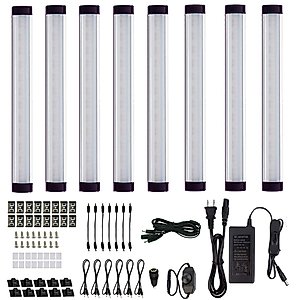 AIBOO LED Under Cabinet Lighting Kit, Plug in Strip Lights with Dimmer Switch for Kitchen Cabinet Counter, Closet, Bedroom Lighting（24w-8 Bars kit-2700K)