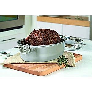 Viking Culinary 3-Ply Stainless Steel Oval Roasting Pan, 8.5 Quart, Includes Metal Induction Lid & Rack, Dishwasher, Oven Safe, Works on All Cooktops including Induction