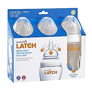 Munchkin® Latch™ Anti-Colic Baby Bottle with Ultra Flexible Breast-like Nipple, BPA Free, 8 Ounce, 3 Pack