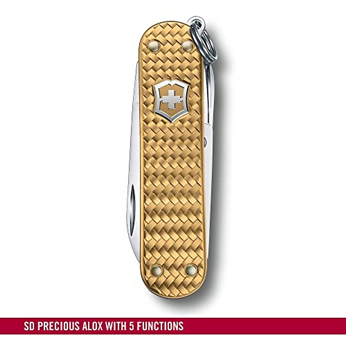 Victorinox Classic SD Precious Alox Swiss Army Knife, Compact 5 Function Swiss Made Pocket Knife with Small Blade, Screwdriver and Key Ring - Brass Gold