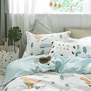 BuLuTu Dinosaur Kids Bedding Sets Twin Cotton,3 Pieces Premium Soft Reversible Dino Forest Print Teen Boys Girls Twin Duvet Cover Set Cotton with Zipper Closure and Ties,NO Comforter