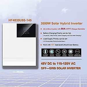 Y&H 3500W 48V Off Grid Solar Hybrid Inverter AC120V Pure Sine Wave with 80A MPPT Charge Controller PV Max 145V Input, Works with 48V Lead Acid and Lithium Batteries, Supports Utility/Generator/Solar