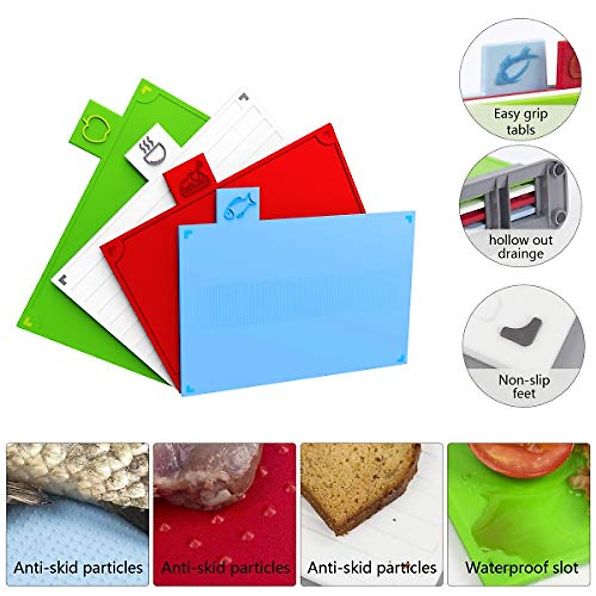 Chopping Board Set for Kitchen,Set of 4 Small Cutting Boards with Index Color Coded Food Icon, Non-slip BPA Free Approved Reversible Chef Dishwasher Safe Thicker Easy-access Draining Rack, 11.5” x7.8"