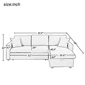 MOEO Upholstery Sleeper Sectional Sofa with Storage Space, 2 Tossing Cushions and Pillows for Living Room, Comfortable Loveseat w/Chaise Longue, Home Furniture, Right Hand Facing, Gray