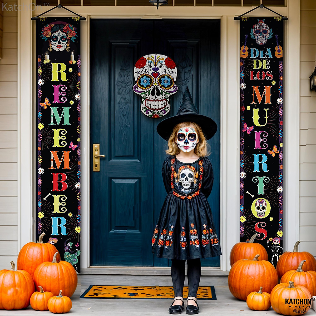 KatchOn, Dia De Los Muertos Porch Sign Banners - Large, 72x44 Inch | Dia De Los Muertos Door Covers, Dia De Los Muertos Decorations | Day of the Dead Door Banner, Day of the Dead Halloween Decorations