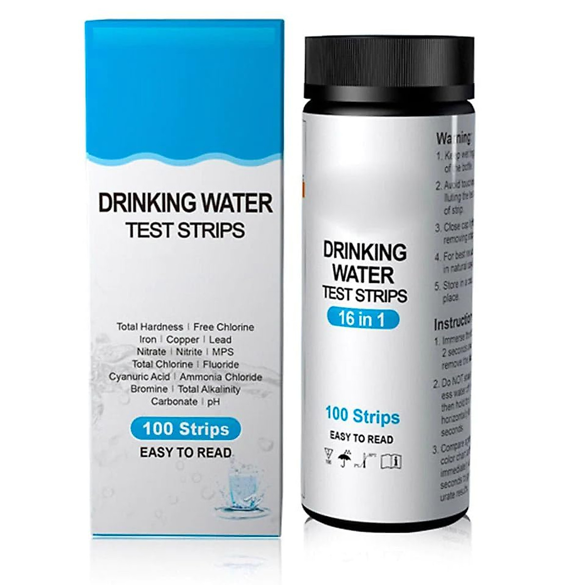 100 Drinking Water 16 in 1 Test Strips | Hardness, Chlorine, Iron, Copper, Lead, Nitrate, MPS, Total Chlorine, Flouride, Cyanuric Acid, Ammonia Chloride, Bromine, Alkalinity Carbonate