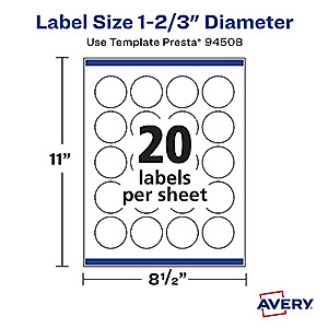 Avery Matte White Round Labels with Sure Feed, 1-2/3" diameter, 1,000 Matte White Printable Labels