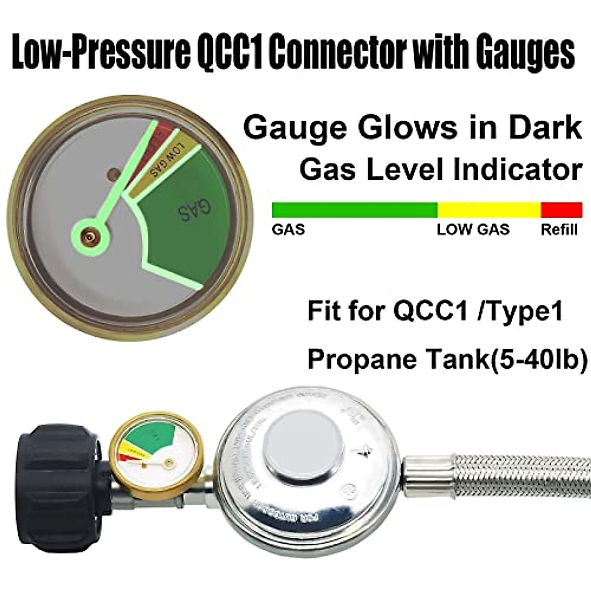 NQN Upgraded 6 FT Stainless Braided Propane Regulator Hose with Gauge, QCC1 Propane Adapter Hose Regulator for 20lb Tank with Elbow Adaptor, Replacement Part for Blackstone Weber LP Gas Grill Heater