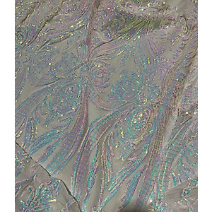 White Iridescent Geometric Stretch Sequin Fabric by The Yard | 4 Way Stretch Fabric Spandex Lace Fabric | White Stretch Mesh Embroidery with 3mm Sequin | White Iridesecent Sequin Fabric-Per Yard
